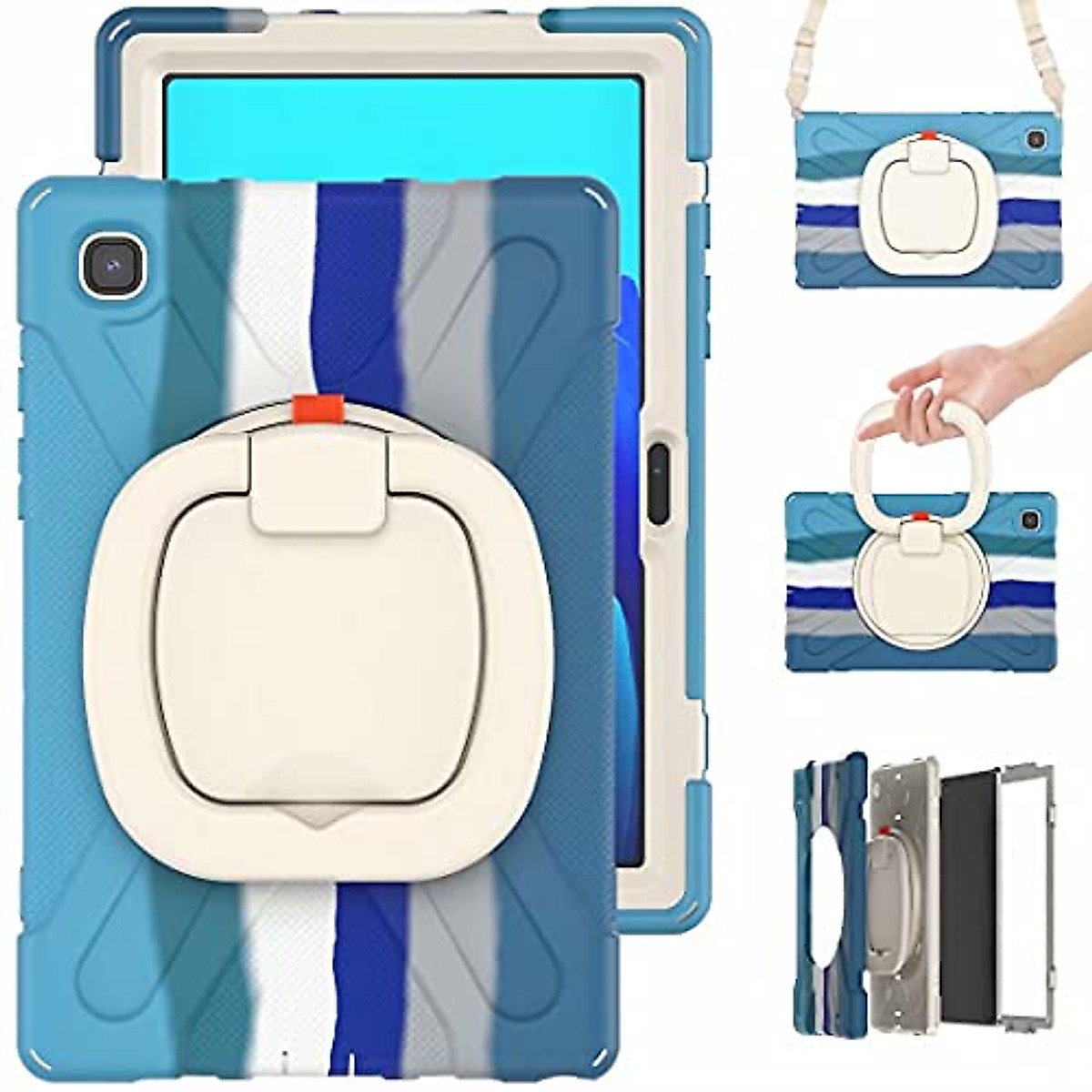 KENOBEE Case for Samsung Galaxy Tab A7 Lite 8.7" 2021 (SM-T220/T225), 360 Multi-Functional Handle-Kickstand Shockproof Cover Built-in Screen Protector & Shoulder Strap & Stylus Holder, Rainbow Blue