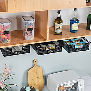3 Pack Hanging Pullout Drawer Basket, Sliding Under Shelf Storage Organizer with nameplates, Under Shelf Baskets Under Cabinet Organizer Under Desk Drawer for Kitchen Pantry Cabinet, Attaches to Shelf