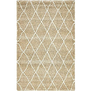 Unique Loom Rabat Shag Collection Modern Tribal Moroccan Inspired Plush & Soft Geometric Design Area Rug (5' 0 x 8' 0 Rectangular, Taupe/ Ivory)