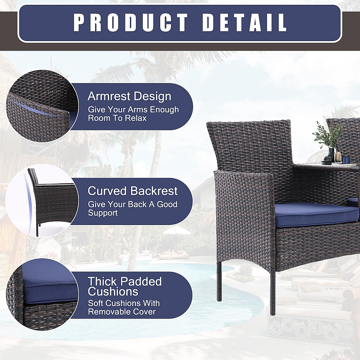 Outdoor Loveseat Set Patio Conversation Furniture Set with Removable Cushions & Table, Tempered Glass Top, Rattan Sofa Set for Garden Lawn Backyard (Brown-Blue)