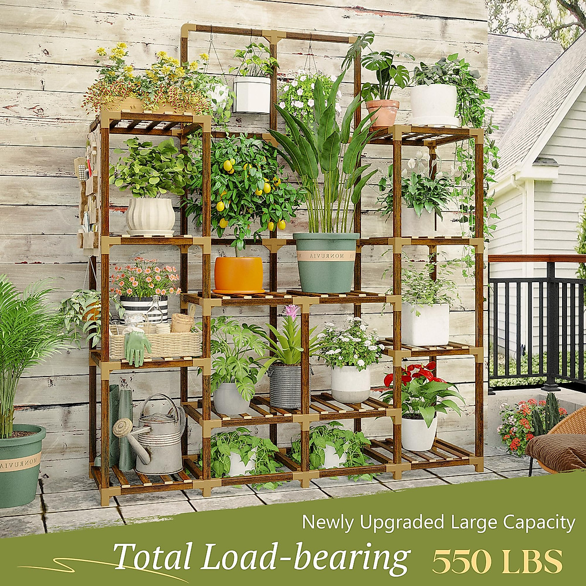EnHomee Plant Stand Indoor Large Plant Stands Outdoor Wood Tiered Plant Shelf For Multiple Plant, Tall Plant Stand 6 Tiers with 12 Potted Plant Holder Tables Large Plant Rack, 44.9"W x 11.8"D x 62.2"H