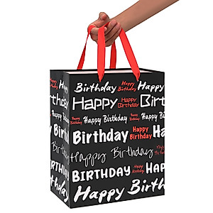 13" Large Black Gift Bags Set with Greeting Card and Tissue Papers (White & Red Happy Birthday) for Men's or Women's, Boys, Girls or Kids Party, Baby