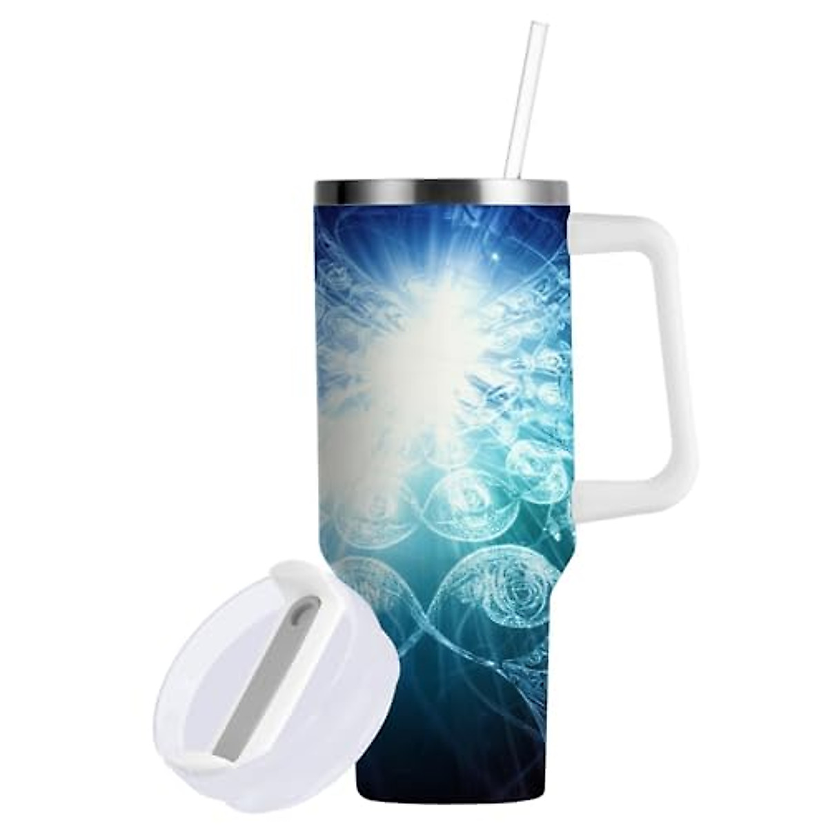 RPLIFE Galactic Bloom Blue 40 Oz Tumbler with Handle and Straw, Stainless Steel Tumbler, Insulated Coffee Mug with Lid