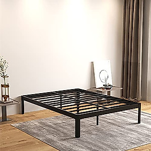COMASACH Queen-Size Bed-Frame with Round Corner and Cylinder-Shaped Leg, 4000 lbs Heavy Duty Non Slip Metal Bed Frames No Box Spring Needed, 14 inch Noise Free Mattress Foundation, Black