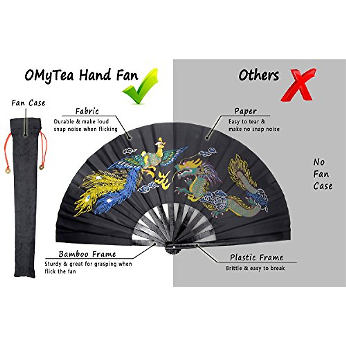 OMyTea Bamboo Large Rave Folding Hand Fan for Men/Women - Chinese Japanese Kung Fu Tai Chi Handheld Fan with Fabric Case - for Performance, Decorations, Dancing, Festival, Gift (Dragon & Phoenix)