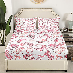 Cowgirl Fitted Sheet Twin Size,Western Cowboy Boots Pink Bowknots Bed Sheet with 1 Pillowcase,Dreamy Fairy Tale Princess Starry Pink White Soft Decorative Fabric Bedding,Room Gift
