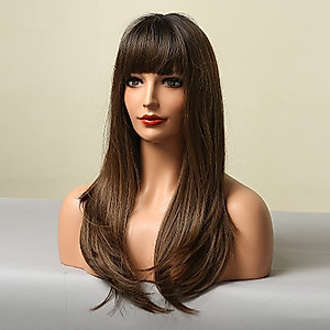 HAIRCUBE Brown Wigs for Women Long Straight layered Wig with Bangs Heat Resistant Fiber Synthetic Wigs Daily Natural looking