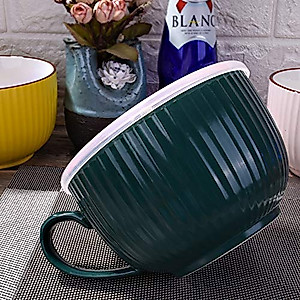 BOSILI Ceramic Bowl with Lid & Handle, 24 OZ Porcelain Soup Noodle Bowl with Lid, Microwave for Instant Noodle Sara, Cereal Bowl(Green)