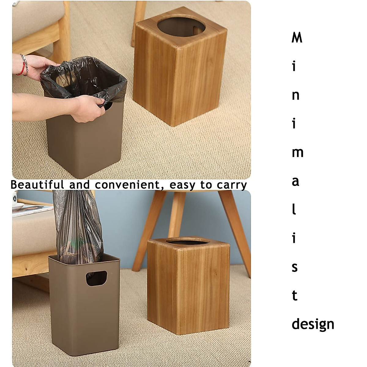 DRSFF 8L Trash Can Teak Garbage Bin Kitchen Rubbish Container Wooden Square Waste Basket with Plastic Inner Cylinder for Living Room Office Bathroom Bedroom Storage Bucket