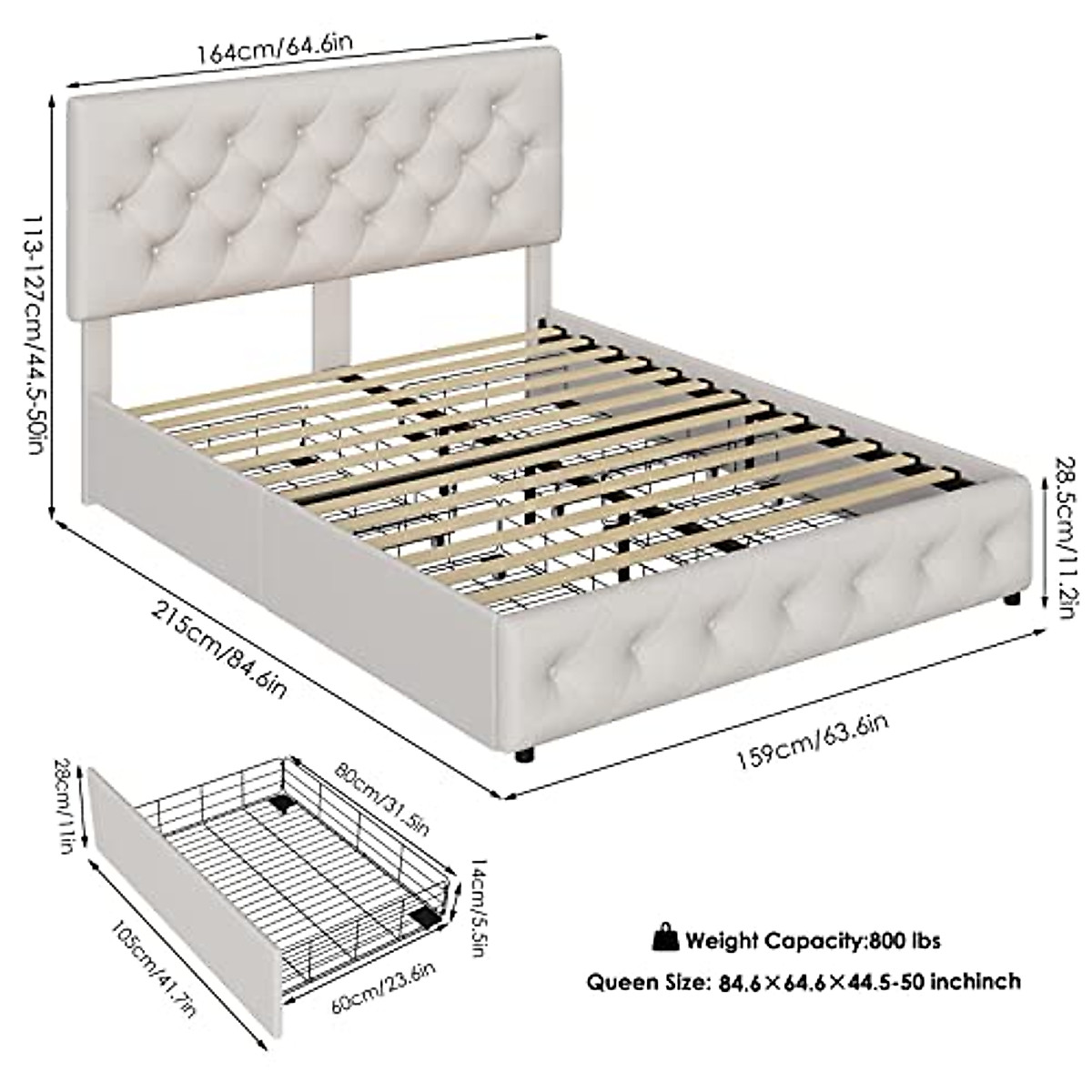 Queen Bed Frame with 4 Storage Drawers and Adjustable Headboard, Upholstered Platform Bed with Button Tufted Design, Strong Wooden Slats Support, No Box Spring Needed, Fabric, Cream