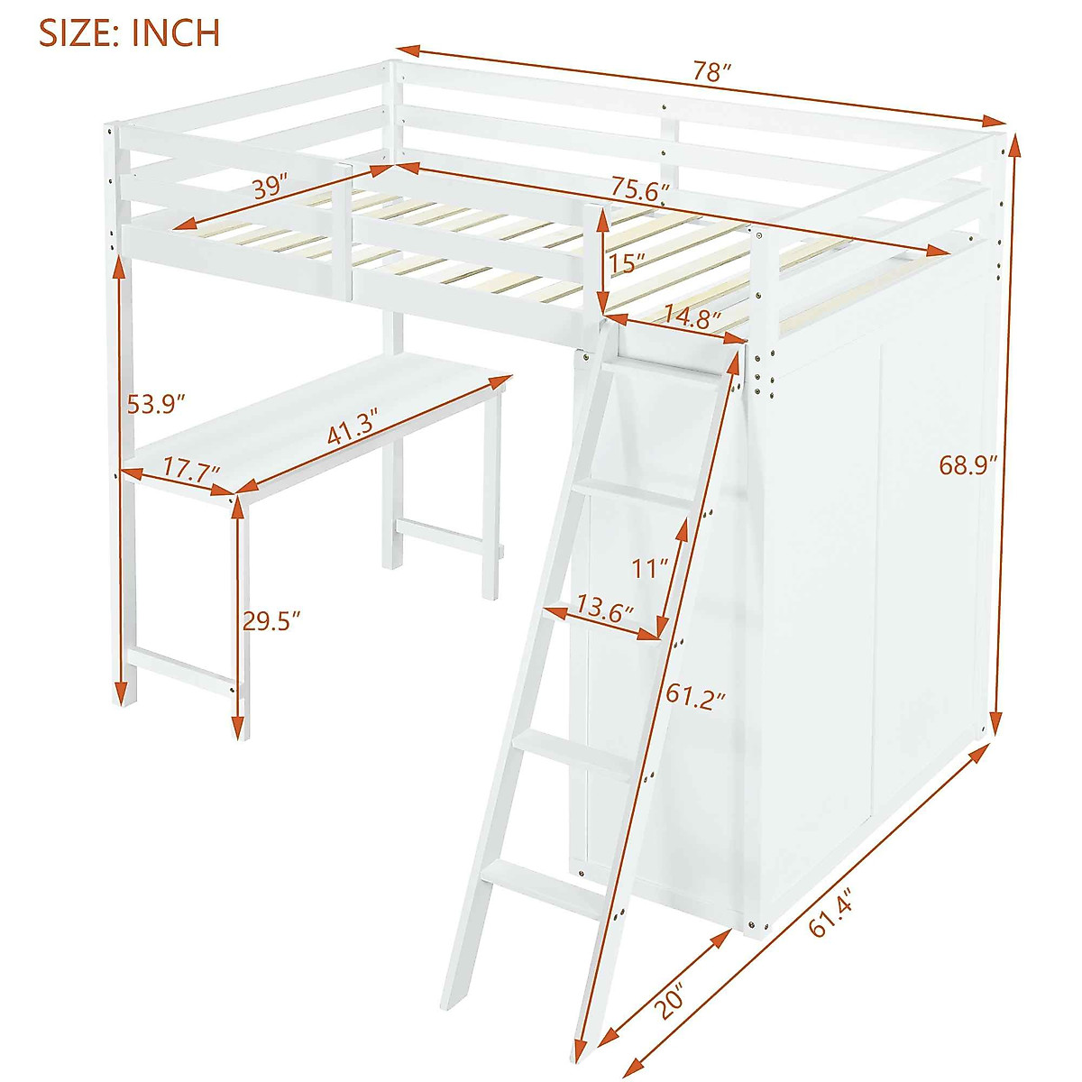 ATY Twin Size Loft Bed with 4 Storage Shelves and Wardrobe, Solid Wood Bedframe w/Desk & Ladder, Maximum Space, No Spring Needed Required, for Kids Teens Adults, White