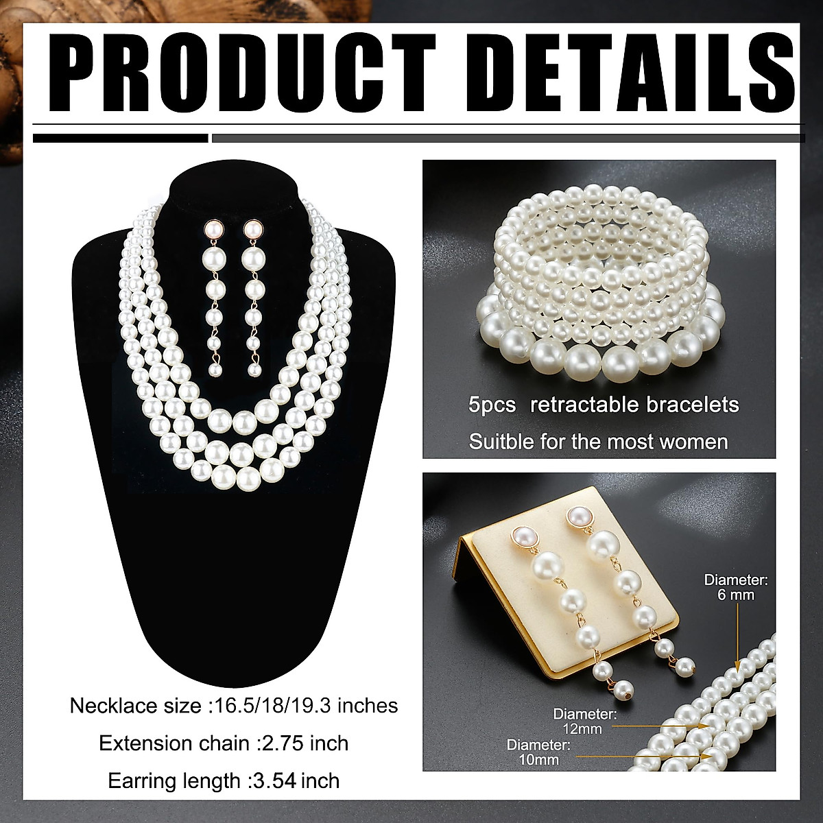 FINREZIO Women's Faux Three Multi-Strand Pearl Necklace Long Pearl Dangle Earrings and Bracelet Jewelry Set for Women