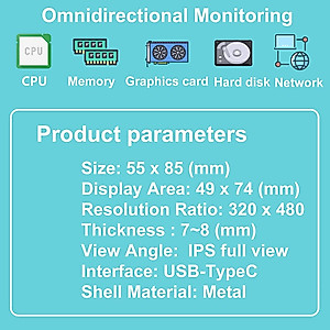 EDIY 3.5 inch IPS USB Mini Screen AIDA64 PC CPU RAM HDD Data Monitor Computer Temperature Display Type-C Sub Screen