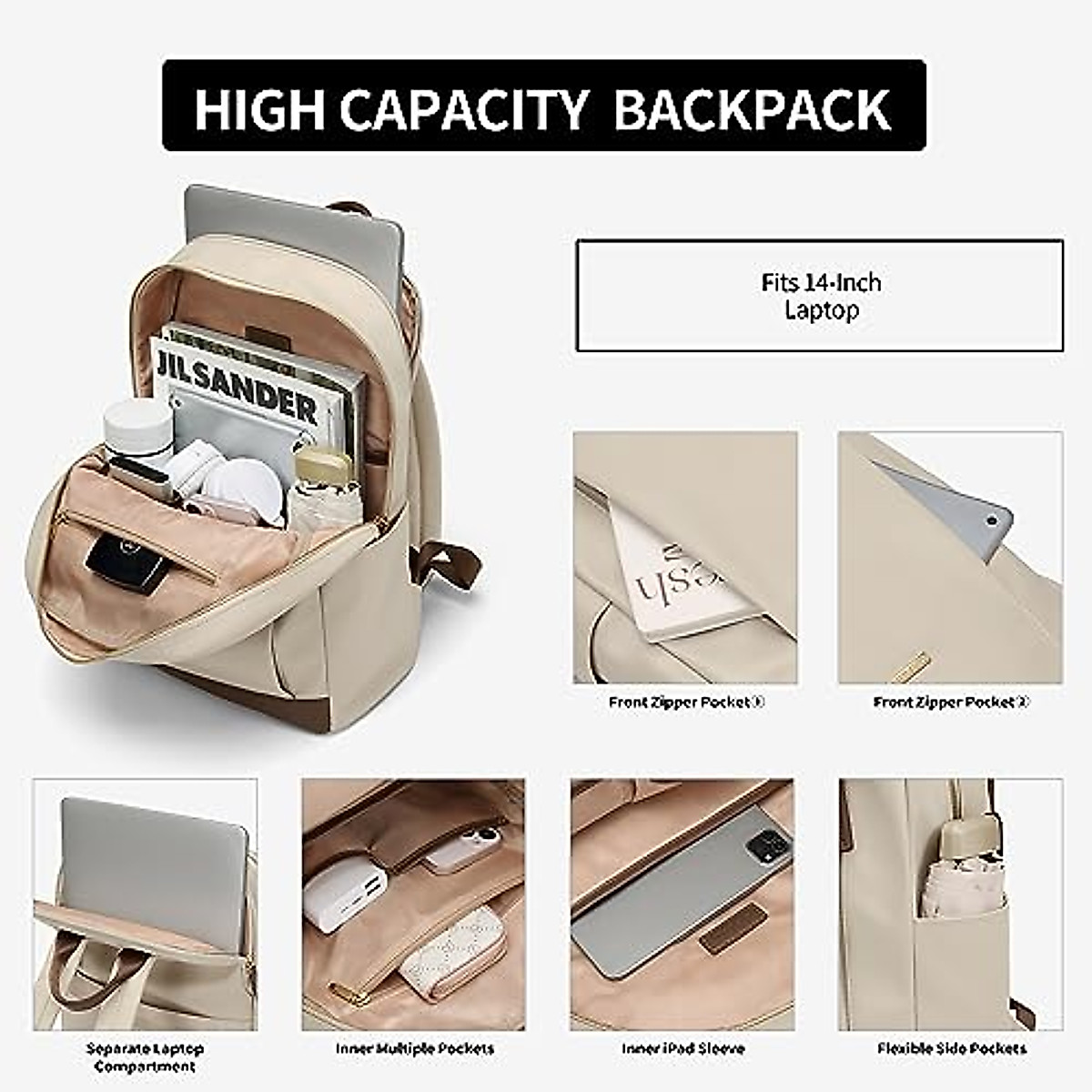 GOLF QUALITY Women Laptop Backpack Stylish College Work Bag Travel Business Backpacks Fits 14 Inch Notebook (Apricot)