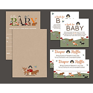 Paper Clever Party Woodland Invitation Kit for Baby Shower, Set Includes Blank Invites with Envelopes, Diaper Raffle Tickets and Bring a Book Cards, 25 of Each Design