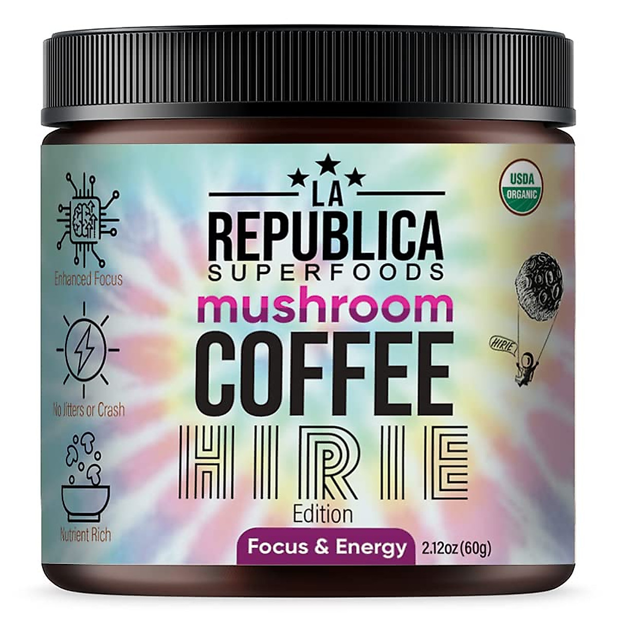 LRLA SUPERFOODS Organic Mushroom Coffee (HIRIE Special Edition) 35 Servings with 7 Superfood Shrooms, 100% Fair Trade Rich Medium Roast Arabica Coffee, USA Made