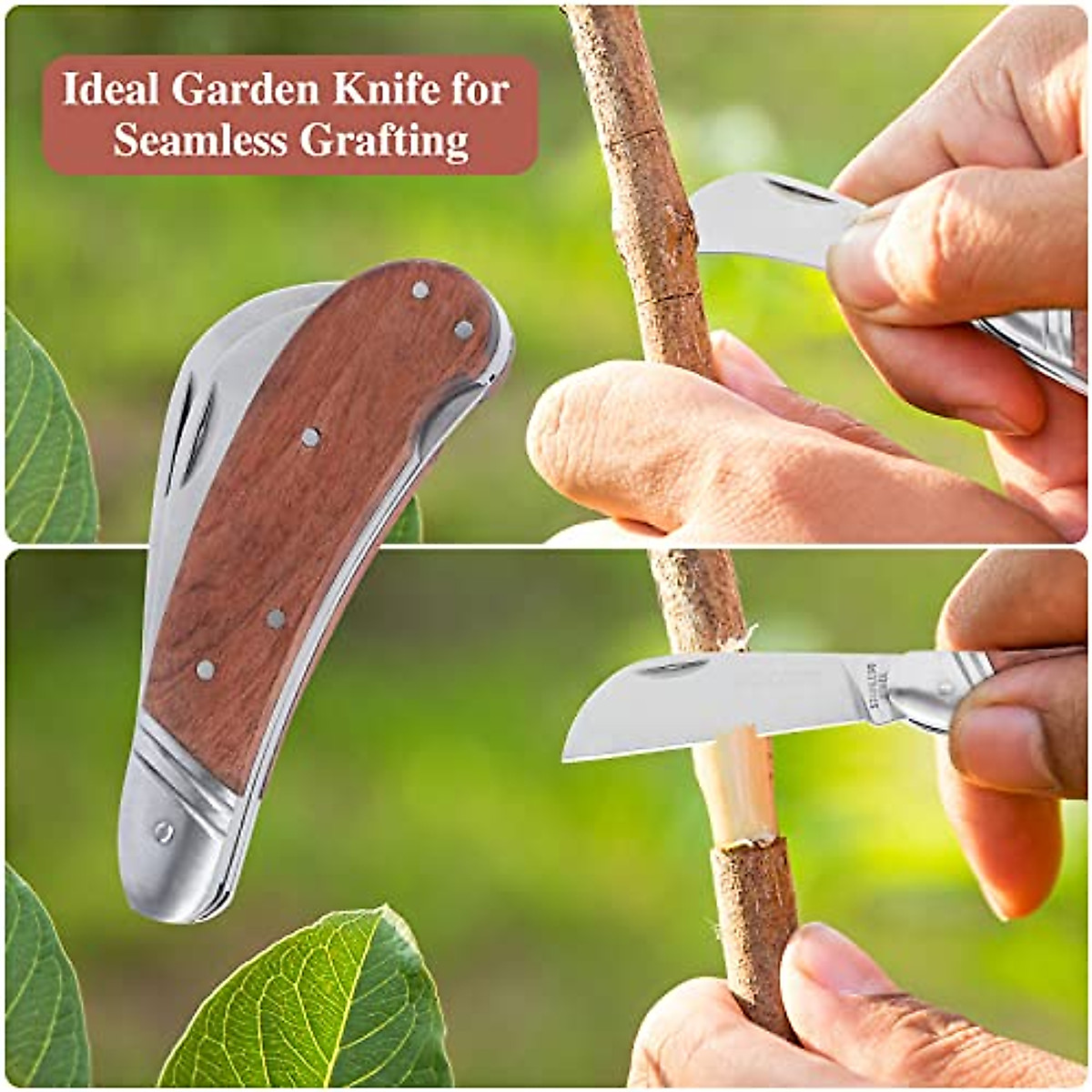 BaiCarre Pruning Knife, Double Blade Grafting Knife, Stainless Steel Garden Budding Knife, Folding Pocket Knife for Grafting Multi Cutting Tool, Weed Bushes Branches Mushroom Diggig Knife
