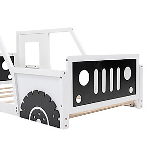 MERITLINE Twin Size Kids Floor Bed with Car-Shaped and Wheels, Wooden Twin Platform Bed Frames with Doors and Windows, Twin Car Bed with Slat Support for Kids Boys Girls, No Box Spring Needed, White