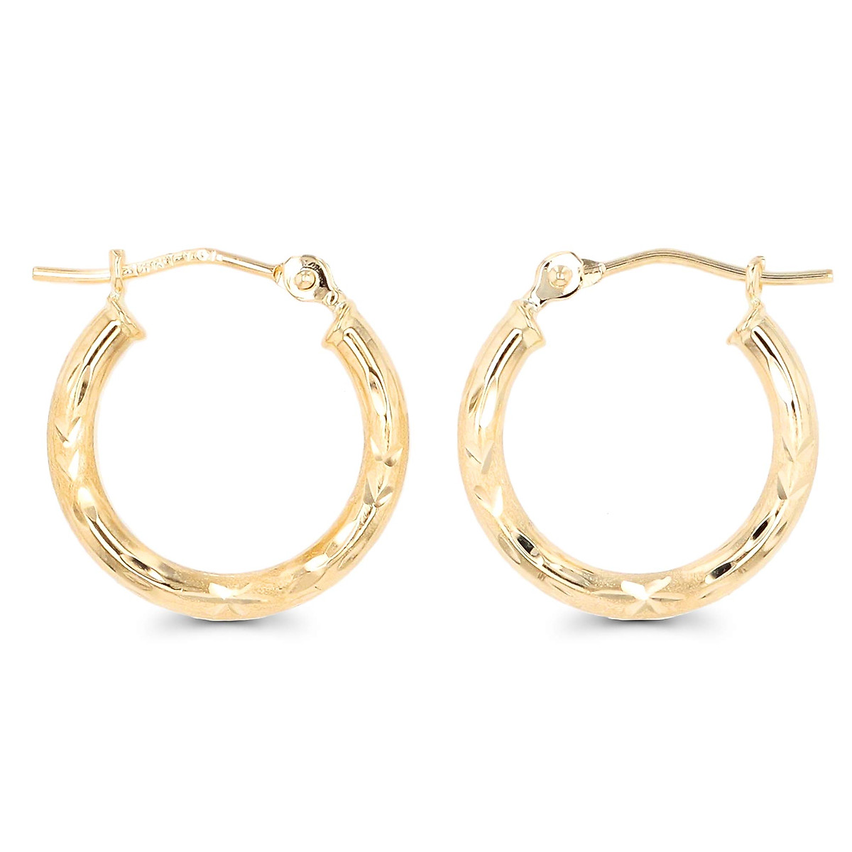 Solid 14K Yellow Gold Diamond Star Cut Hoop Earrings with Hinged Clasp | 2x15mm Hoop | Hypoallergenic Hoops For Sensitive Ears | Round Star Diamond Cut Earrings For Women
