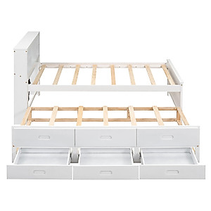 Twin Bed Frame with Bookcase Headboard and Charging Station, Wood Captain Bed with Trundle and Storage Drawers for Kids Boys Girls, Noise Free, No Box Spring Needed, White