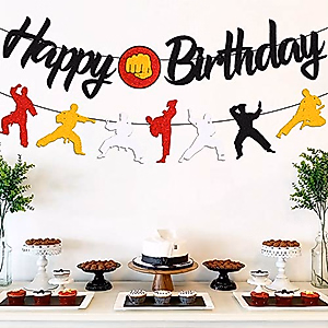 Karate Birthday Banner Taekwondo Themed Happy Birthday Decorations for Men Women Kids Boy Girl Bday Party Decorations Black Glitter Supplies