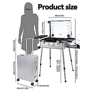 Lorvain 24 Inch Large Makeup Train Case with Mirror and Lights, Rolling Cosmetic Trolley with Bluetooth, Professional Artist Cosmetic Travel Organizer Box Aluminum Makeup Case Salon Station (Silvery)