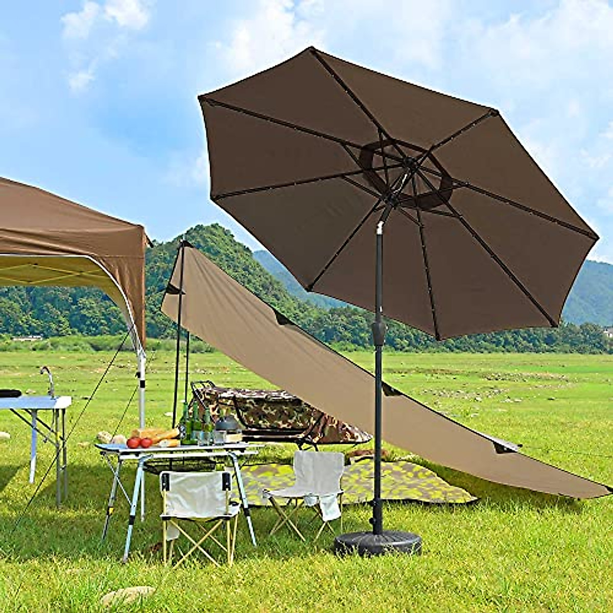 Yescom Solar Umbrellas Patio Umbrella 9 FT LED Umbrellas 32LED Lights Tilt and Crank Outdoor Table Umbrellas Chocolate