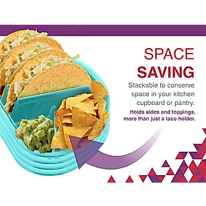 Arrow Home Products Fiesta Taco Plate, 4 Pack - Each Plate Includes 3 Taco Holders Plus 2 Compartments - BPA Free Plastic, Made in the USA, Dishwasher Safe - Teal Blue