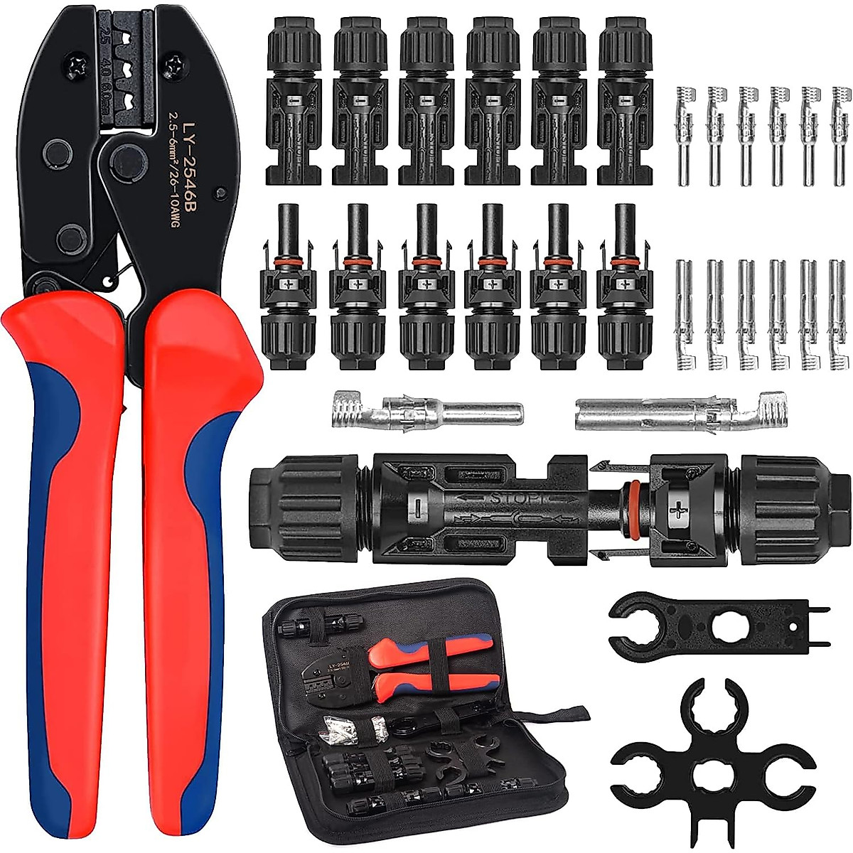 Oududianzi Solar Crimper Tool Kit for Solar Panel Cable Connectors 2.5/4.0/6.0mm², Including 1PCS Solar Crimper + 6 Pairs Solar connectors + 2PCS Spanner Wrench, Solar Wire Crimping Tool for PV Cable