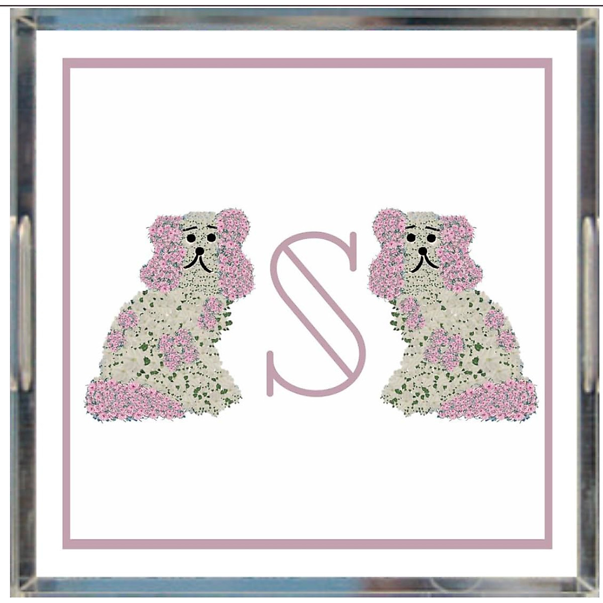 Acrylic Serving and Vanity Trays ; Staffordshire Dogs Acrylic Tray ; Monogram Acrylic Tray ; Decorative Vanity Trays and Kitchen Serving Trays