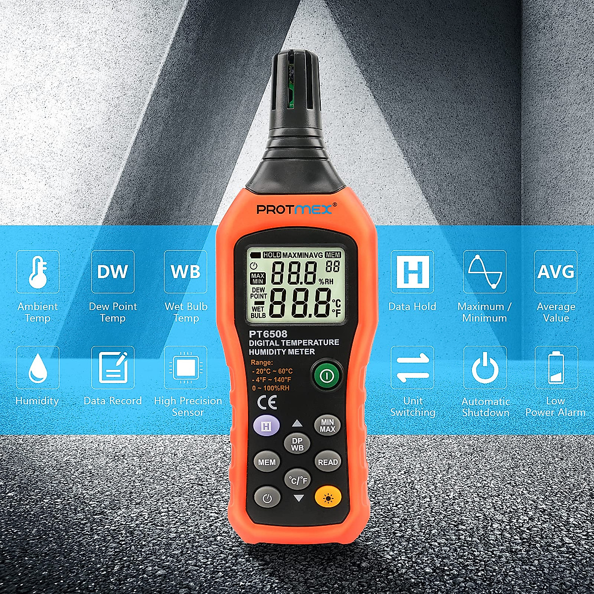 Protmex PT6508 Temperature Humidity Meter, Digital Thermometer Hygrometer Monitor with Ambient, Dew Point, Wet Bulb for Indoor/Outdoor MIN, MAX, Data Hold, LCD Backlight