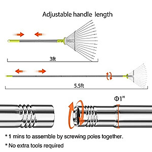 Adjustable Garden Leaf Rake 5.5ft, Collapsible Metal Yard Rake for Leaves with Expandable Head 7-16", Collect Loose Debris for Lawns Camping Shrubs and Rose Bushes Heavy Duty