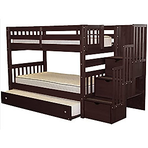 Bedz King Stairway Bunk Beds Twin over Twin with 3 Drawers in the Steps and a Twin Trundle, Dark Cherry