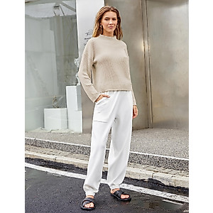 GTLIAE Womens 2 Piece Outfits Sweater Sets Long Sleeve Pullover Knit Top Loose Pant Tracksuit Lounge Set(White-XL)