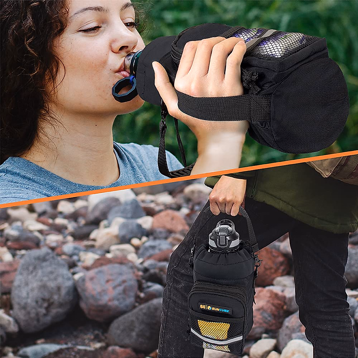SUN CUBE Water Bottle Carrier with Strap, Insulated Water Bottle Carrier Bag with Phone Pocket Pouch, Sleeve Sling Purse Crossbody Bottle Holder for Walking, Sports, Hiking Accessories, Black 64oz