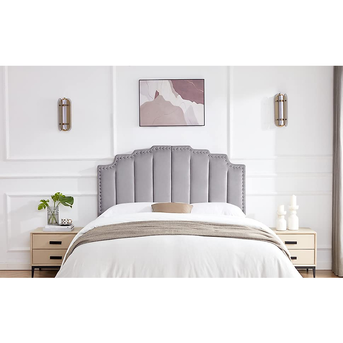 Kingfun Mid Century Headboard for Queen Size Bed, Velvet Upholstered Tufted Bed Headboard with Nailhead Decor, Adjustable Curved Solid Wood Head Board Vertical Channel Design (Medium Grey)