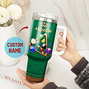 WAZONE Personalized Billiards Tumbler With Lid Custom Name Travel Coffee Mug Insulated Tumbler 40oz with Handle and Straw Novelty Saying Sports Themed Gift For Billiard Lovers Men Husband