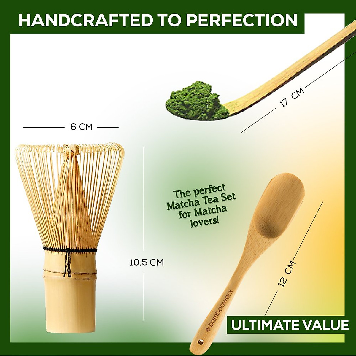 BambooWorx Matcha Whisk Set - Matcha Whisk (Chasen), Traditional Scoop (Chashaku), Tea Spoon. The Perfect Set to Prepare a Traditional Cup of Japanese Matcha Tea, Handmade from 100% Natural Bamboo