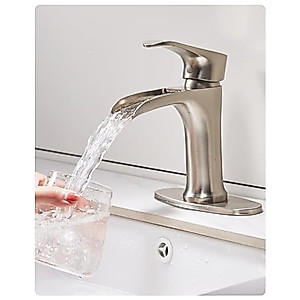 KUZOR Single Hole Bathroom Faucets Brushed Nickel, Waterfall One Hole Bathroom Faucet with Metal Pop Up Drain, Solid Brass Faucet for Bathroom Sink, Brush Nickel