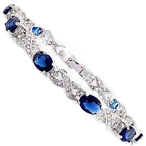 RIZILIA Tennis Bracelet & Oval Cut CZ [Simulated Blue Sapphire] in White Gold Plated, 7"