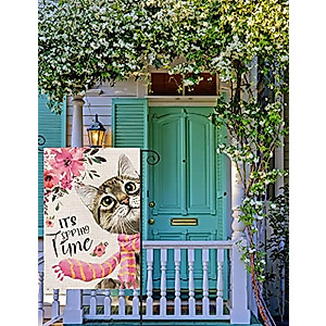 Spring Garden Flag for Outside 12x18 Double Sided,Cat with Sakura Scarf Small Yard Flag,Summer Seasonal Decors for Outdoor Anniversary Wedding Farmhouse Holiday