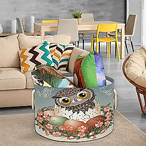 Easter Egg Cute Owl Large Round Baskets for Storage Laundry Baskets with Handles Blanket Storage Basket for Bathroom Shelves Bins for Organizing Nursery Hamper Girl Boy