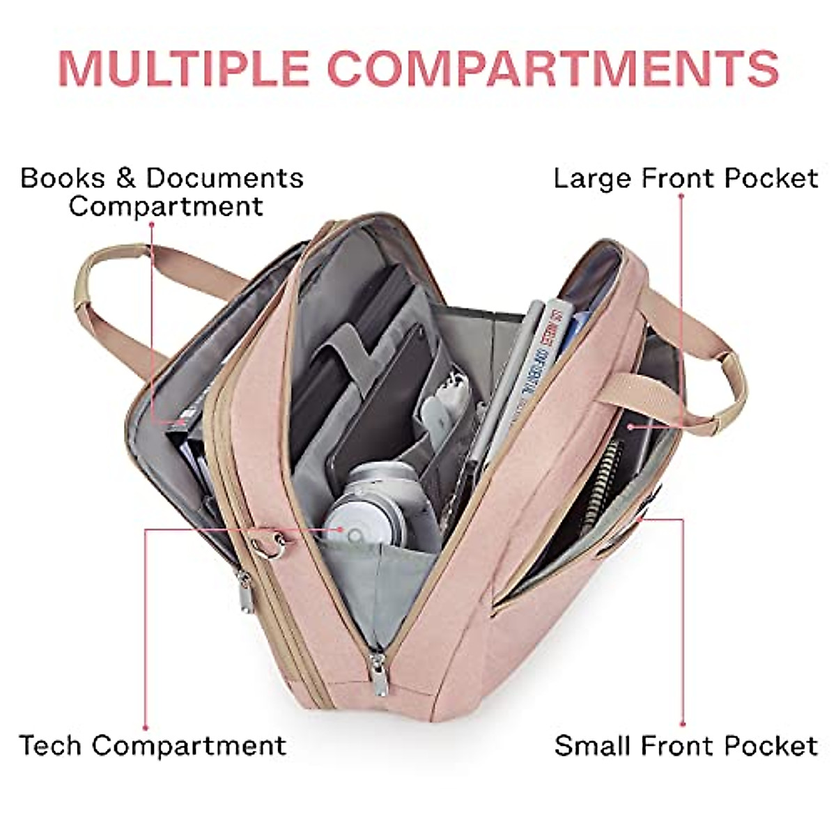 BAGSMART 17.3 Inch Laptop Bag, Large Expandable Briefcase for Women Business Office Travel Computer Bag Shoulder Bag Water Resistant Anti Theft Durable,Pink