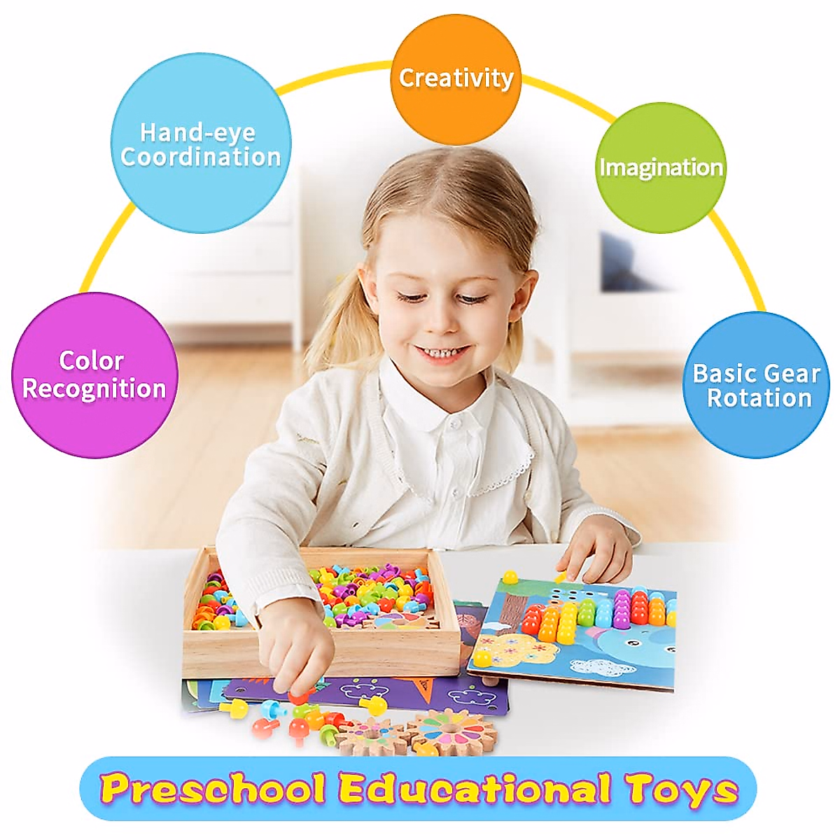 KUSARKO Wooden Peg Board Toys, 2 in 1 Color Matching Mosaic Pegboard, Button Art Toys for Toddlers, Early Learning Educational Toys for Boys & Girls (180 Pcs)