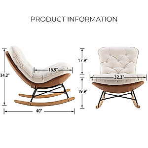 LZAREAL Rocking Boho Glider Chair for Nursery Comfy Accent Chairs for Living Room/Bedroom, Side Rocker Chair with Back Tufted Design Upholstered Fabric Padded Seat with Solid Wood Base, Linen-Cream