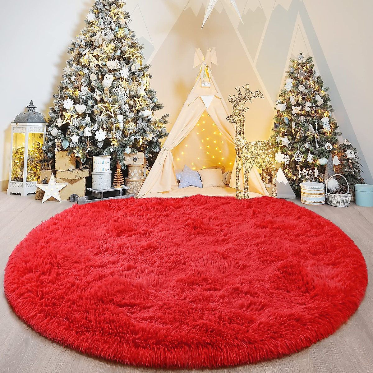 FlyDOIT Round Area Rugs for Bedroom (4x4 Feet, Red)