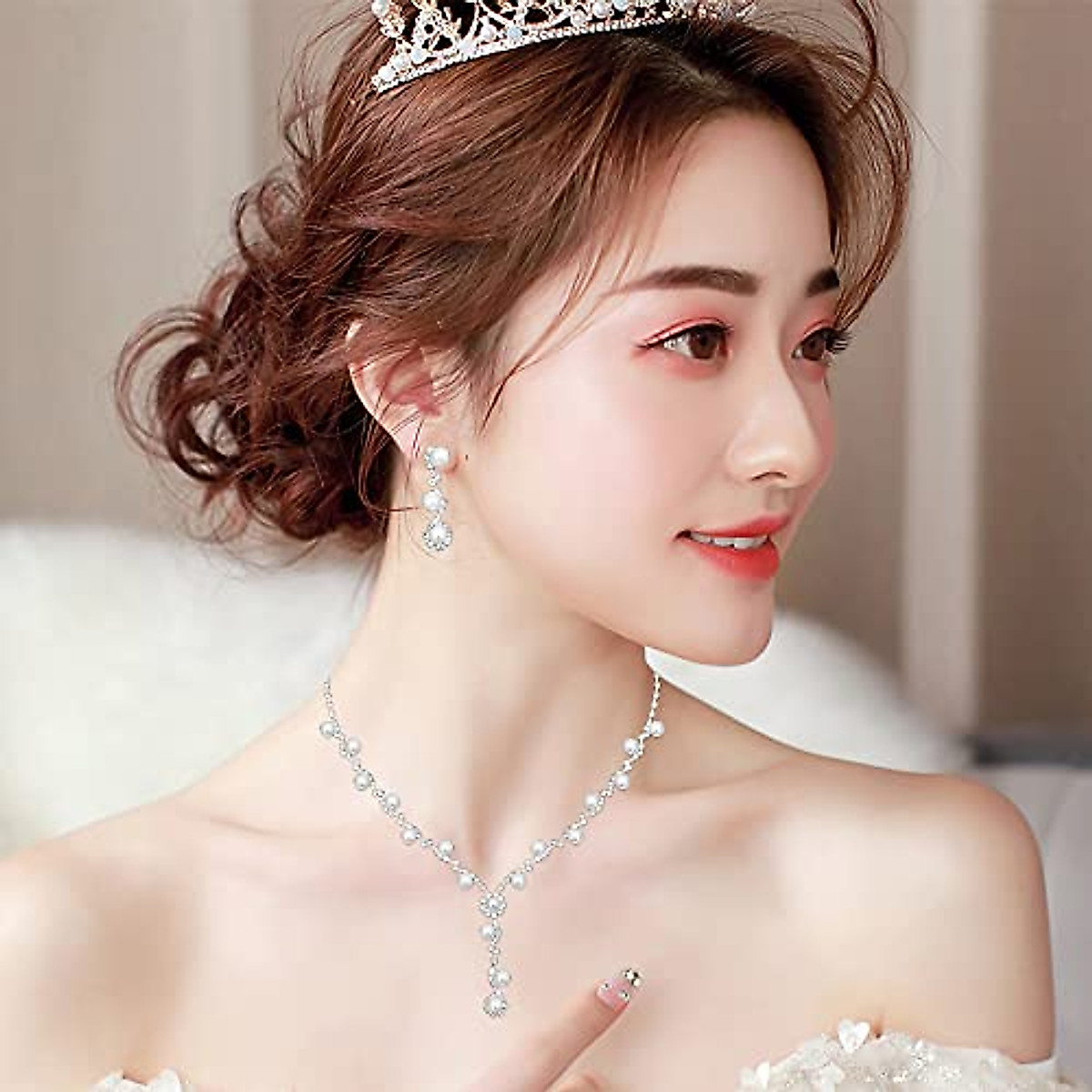 Elegant Bride Bridesmaid Jewelry Sets for Wedding Prom Bridal Necklace Earrings Bracelet Set Women Formal Dress Accessories (Style #1-white pearl-silver tone)