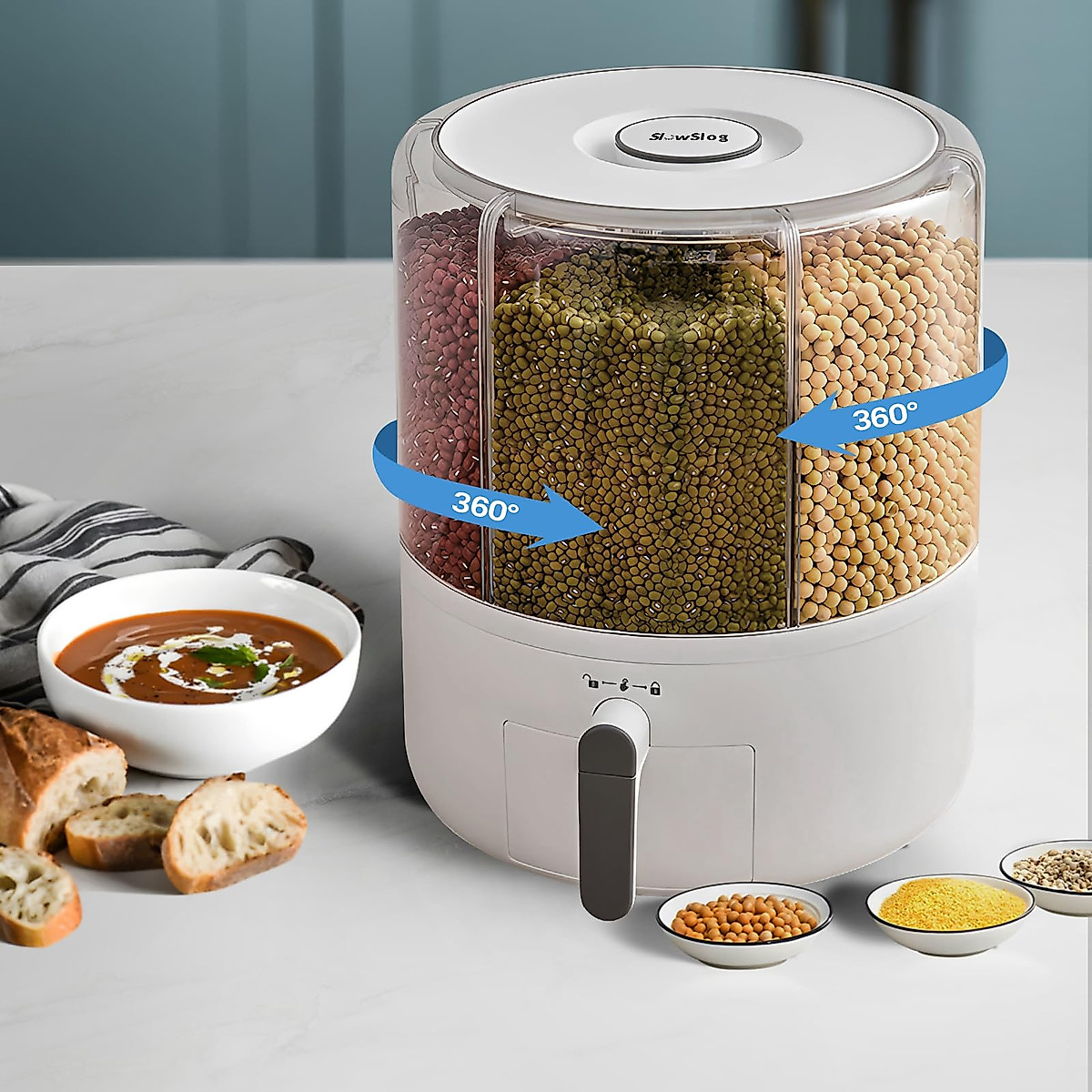 Slow Slog 16lb Grain and Rice Storage Container, 6 Grid Grain Dispenser, 360° Rotating Food Dispenser, Airtight Storage, Rice Dispenser, Upgrade 6 Compartment Rotating Rice Dispenser Storage Container