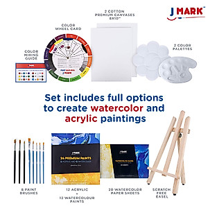 J MARK Acrylic & Watercolor Painting Kit – Complete Painting Set with Watercolor Kit, Acrylic & Watercolor Paint Tubes, Wood Easel, Watercolor Paper, Canvas Painting Kit & More