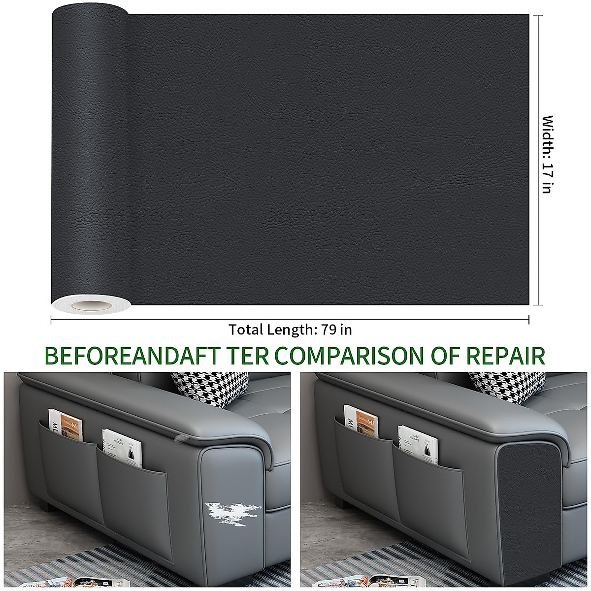 Leather Repair Patch 17X79 inch Large Self-Adhesive Leather Repair Tape, Reupholster Leather Patches for Furniture Couch Chairs Car Seat (Black, 17x79 inch)
